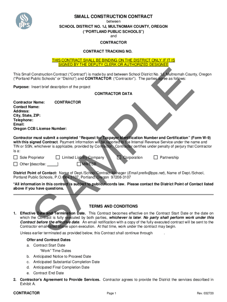 Fillable Online SMALL CONSTRUCTION PUBLIC WORKS CONTRACT Doc ...