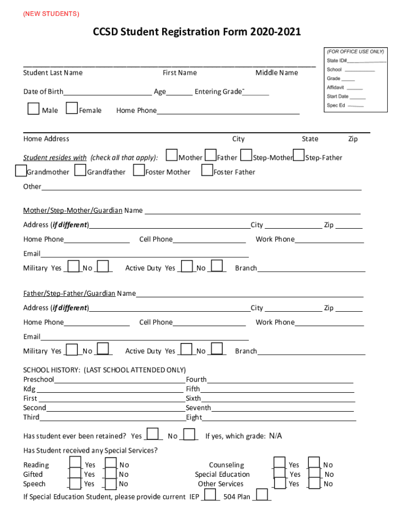 Fillable Online CCSD Student Registration Form 2020-2021 Fax Email ...