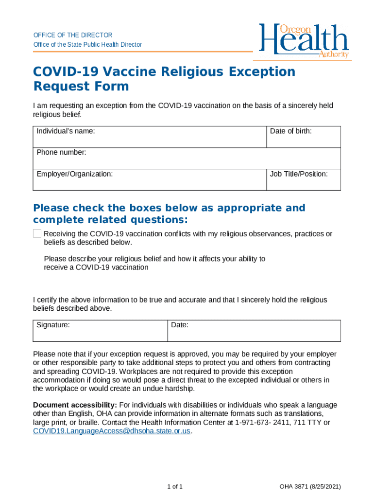 OHA 3871 COVID-19 Vaccine Religious Exception Request Doc Template ...