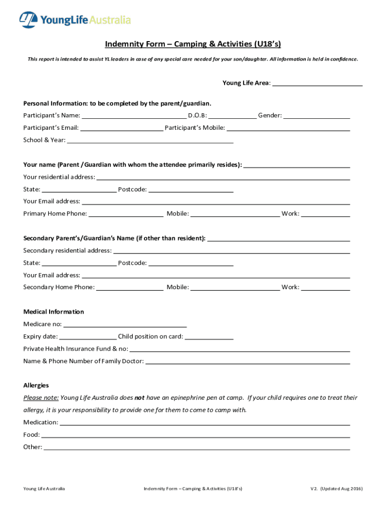 Fillable Online younglife org Indemnity FormCamping & Activities (U18's ...