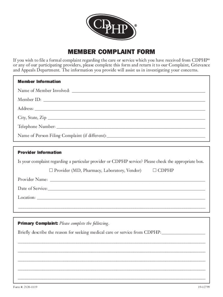 Fillable Online CDPHP Member Complaint Form Fax Email Print - pdfFiller