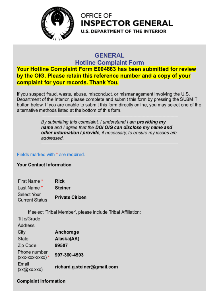 Fillable Online GENERAL Hotline Complaint Form Your Hotline Complaint ...