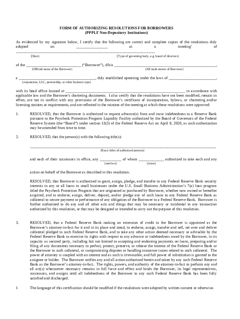 OF AUTHORIZING RESOLUTIONS FOR BORROWERS (PPPLF Non ... Doc Template ...