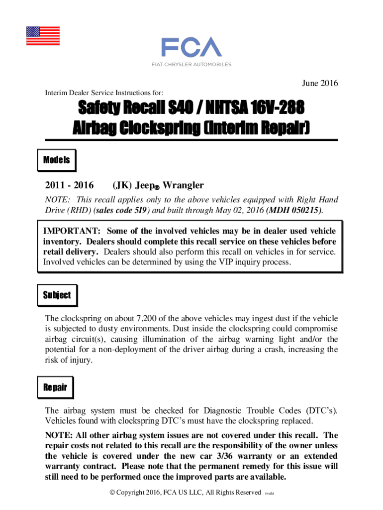 Fillable Online Safety Recall S40 / NHTSA 16V-288 Airbag Clockspring ...