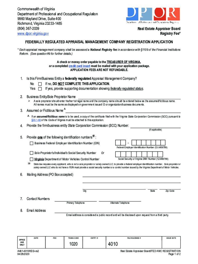 Fillable Online A461-4010REG - FEDERALLY REGULATED AMC REGISTRATION ...