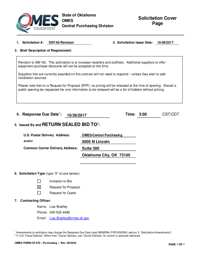 Fillable Online State of Oklahoma OMES Solicitation Cover Central ...