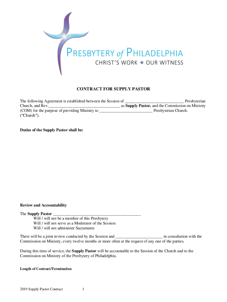 Fillable Online SAMPLE CONTRACT FOR TEMPORARY PASTORAL - Presbyterian ...