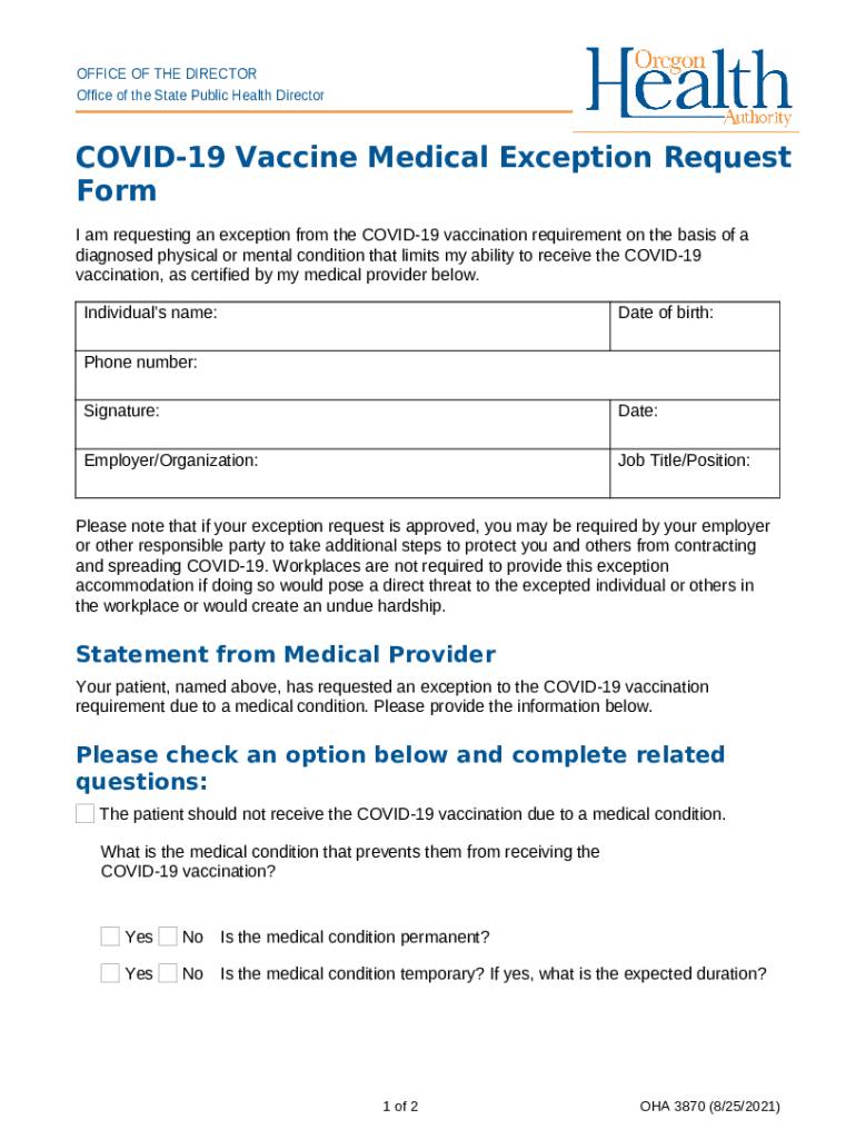 OHA 3870 COVID-19 Vaccine Medical Exception Request Doc Template ...