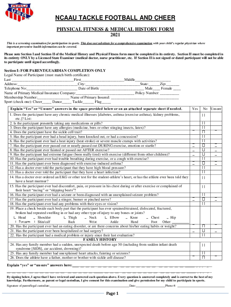 Fillable Online 2021 PHYSICAL FITNESS & MEDICAL HISTORY FORM - Ngin Fax ...