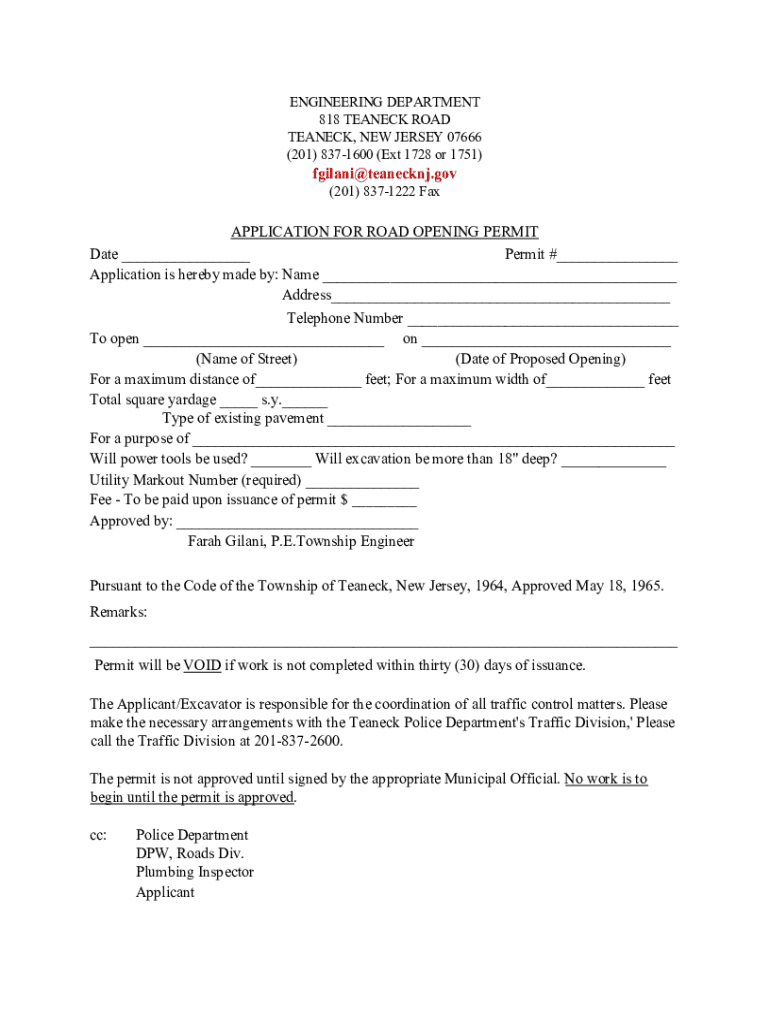 Fillable Online fgilaniteanecknj.gov APPLICATION FOR ROAD OPENING ...