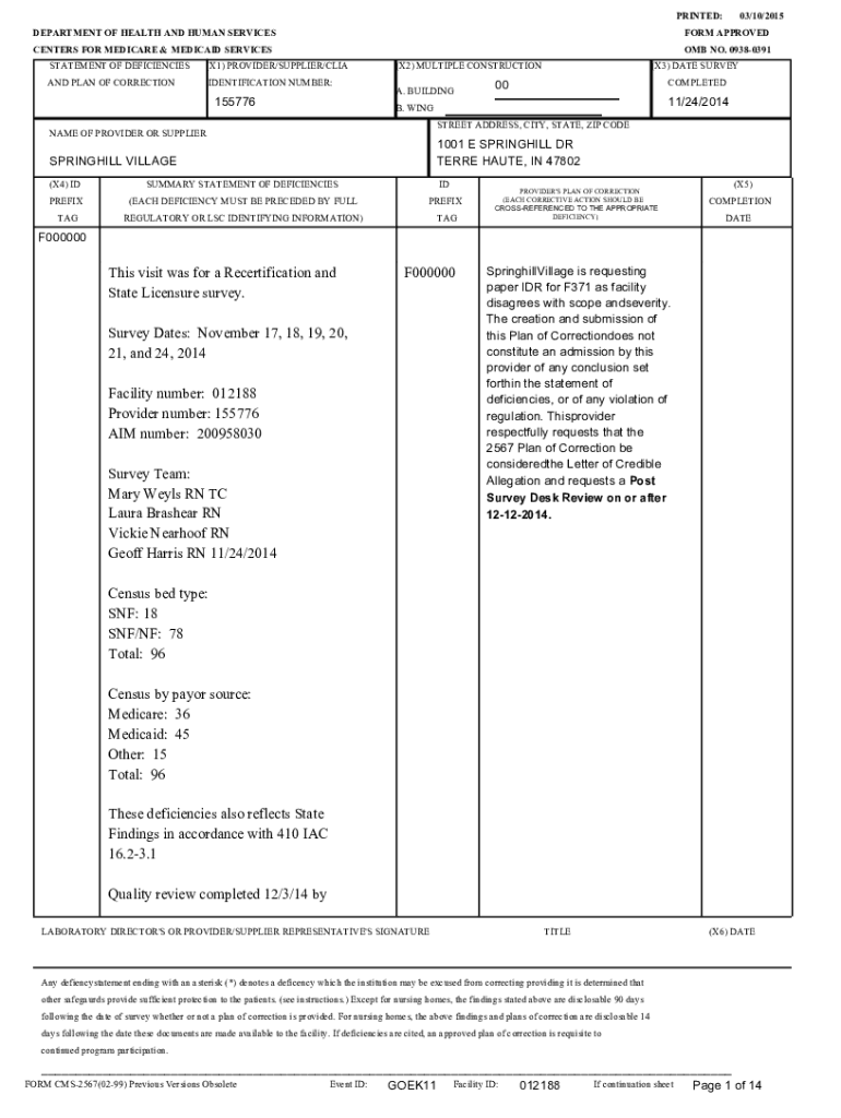 Fillable Online CMS 2567 - Centers for Medicare & Medicaid Services Fax ...