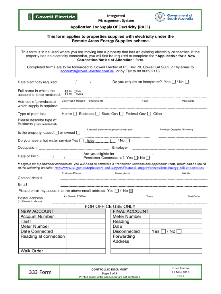 Fillable Online Application for supply of electricity (RAES). This form ...