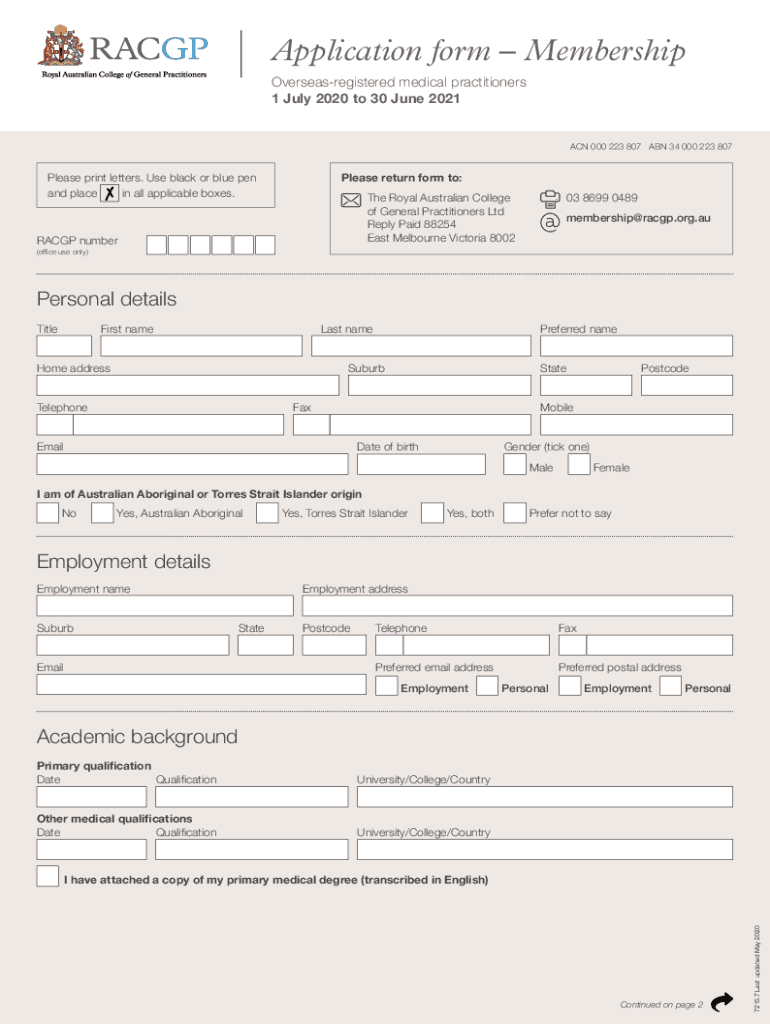 Fillable Online RACGP - Membership application form overseas Fax Email Print - pdfFiller