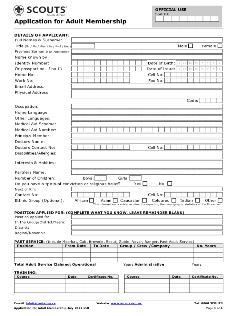 Fillable Online OFFICIAL USE SSA ID: Application for Adult Membership ...