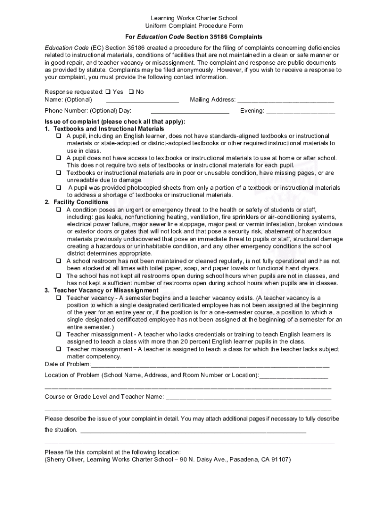 Fillable Online Student Services / Uniform Complaint Procedures Fax ...
