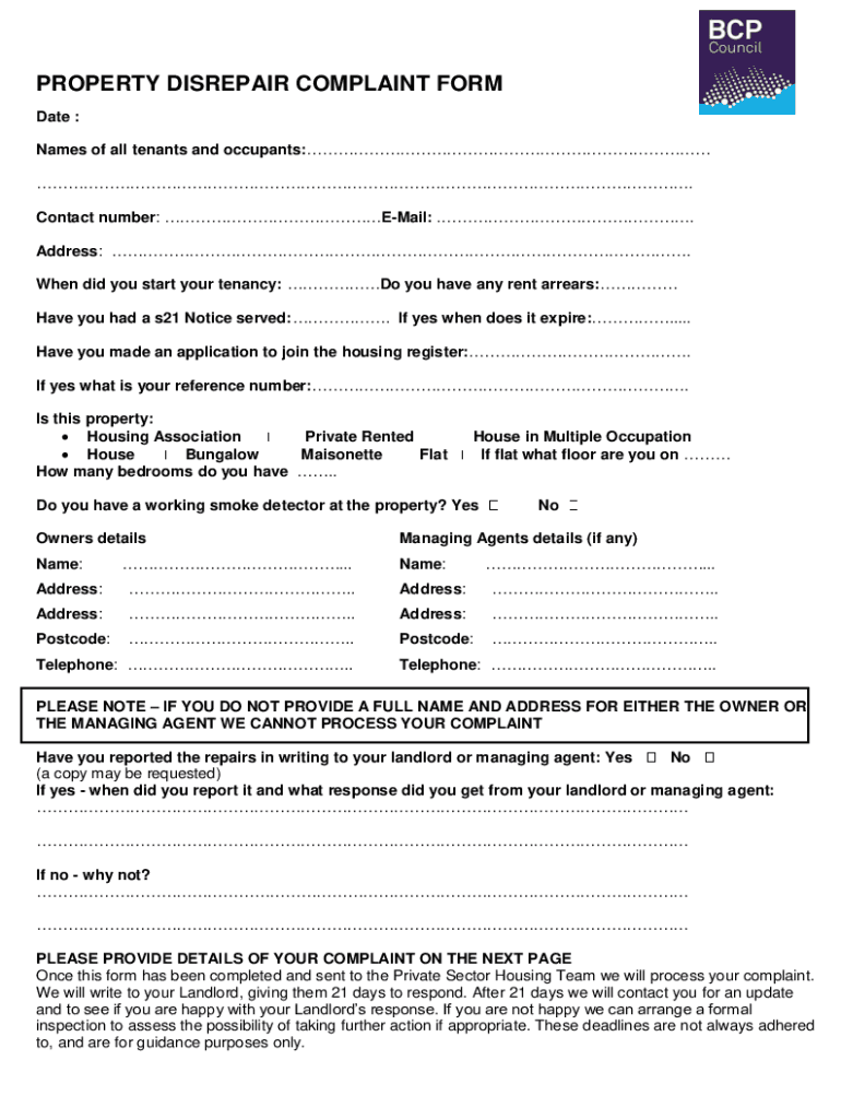 Fillable Online Complaintsformforwebsite. Property disrepair and fire ...