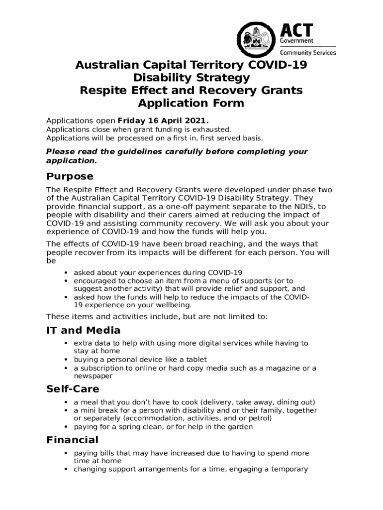 Respite and Recovery Grant Application Doc Template | pdfFiller
