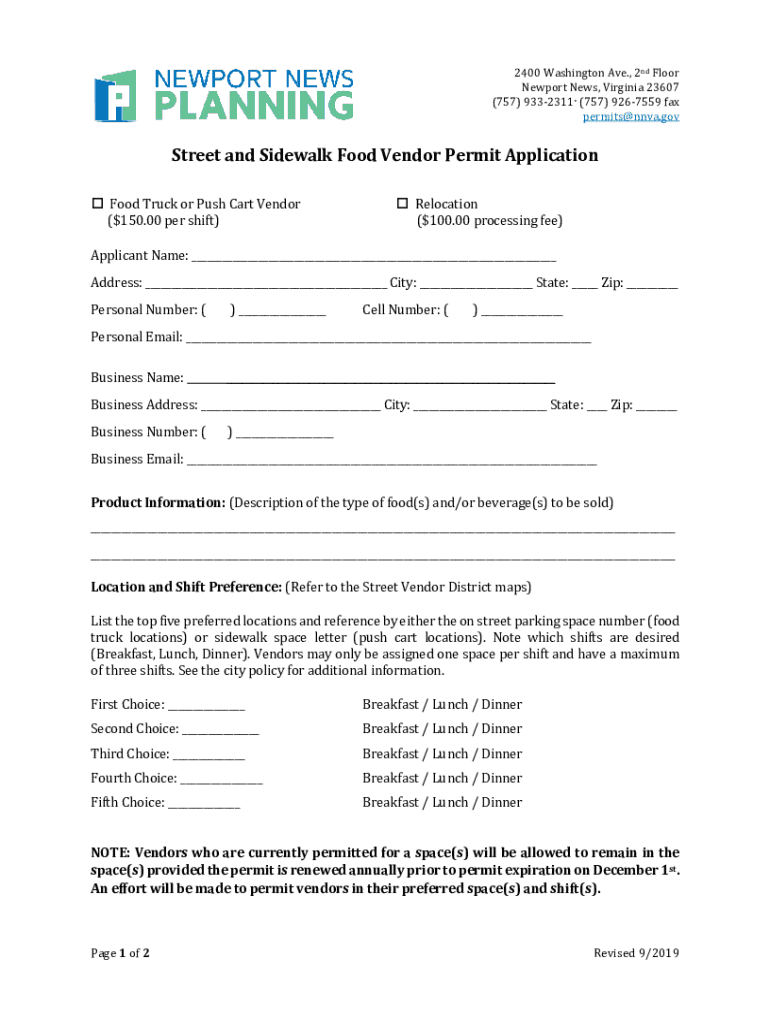 Fillable Online Street and Sidewalk Food Vendor Permit Application Fax ...