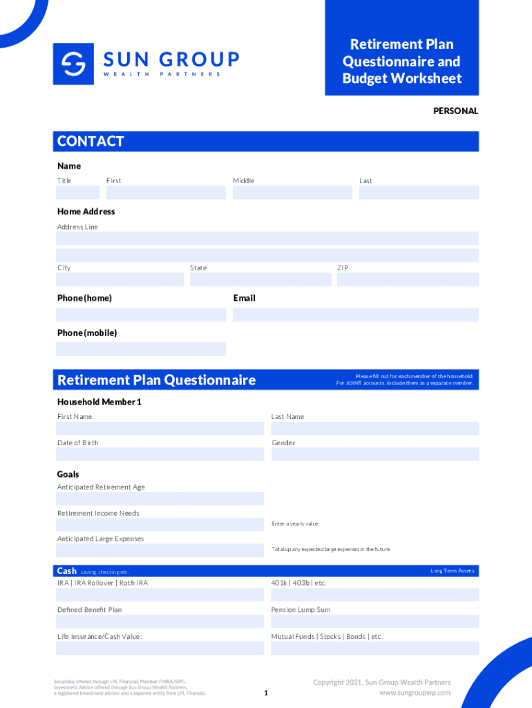 Fillable Online Retirement Plan Questionnaire and Budget Worksheet 2 ...