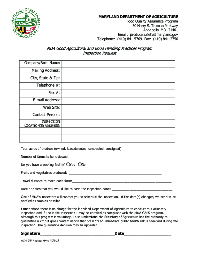 Fillable Online mda maryland Food Safety Modernization Act - Maryland Department of ... Fax ...