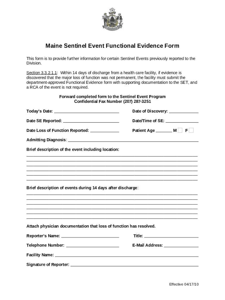 Maine Sentinel Event Functional Evidence Doc Template | pdfFiller