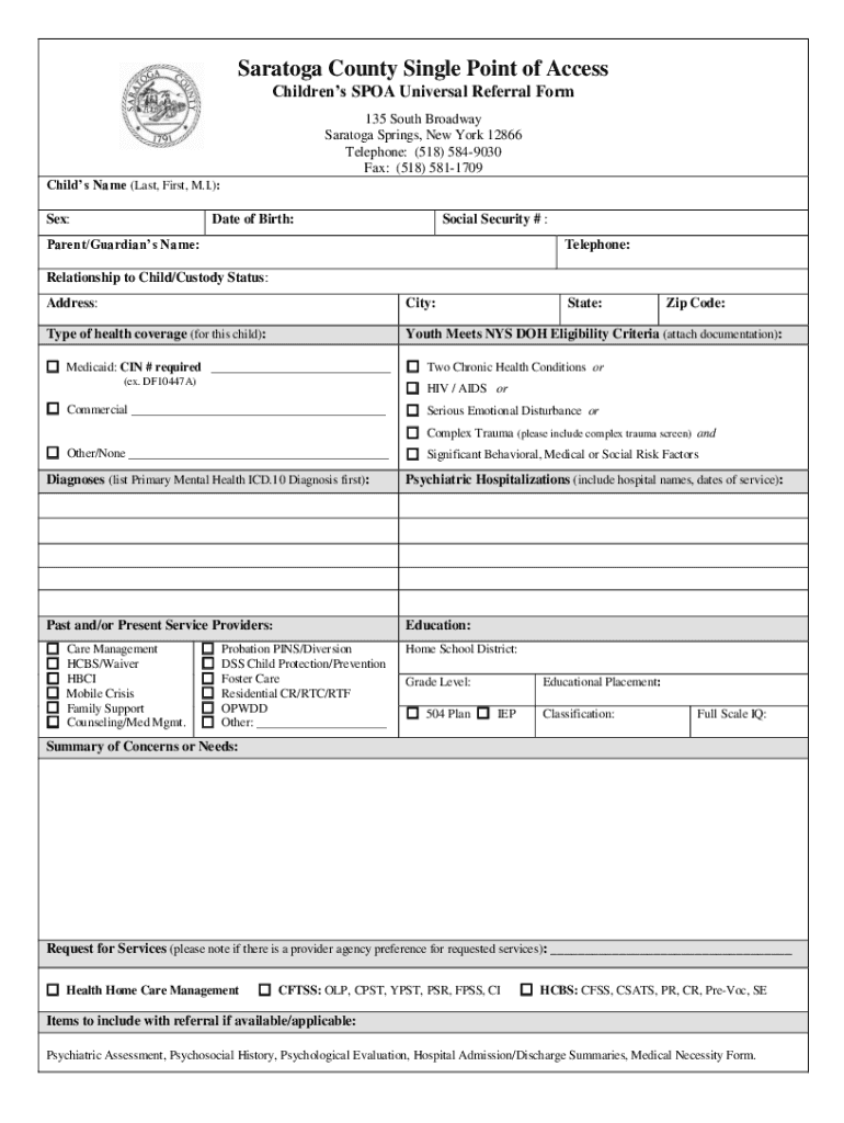 Fillable Online Saratoga County Single Point of Access Adult Universal ...