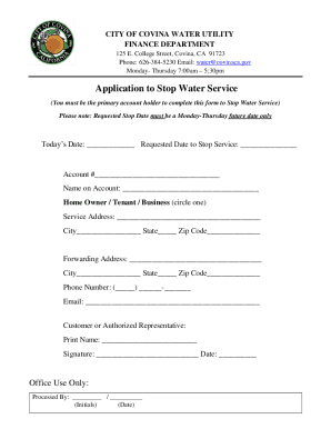 Fillable Online Application to Stop Water Service - Covina Fax Email ...