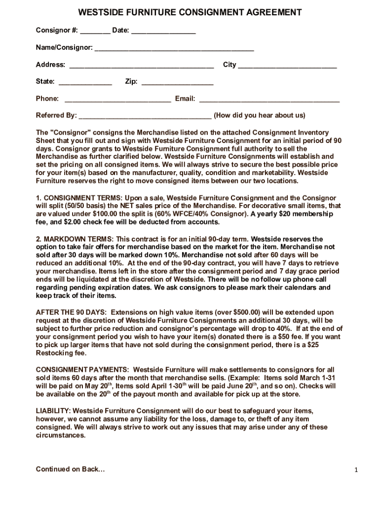 Fillable Online WESTSIDE FURNITURE CONSIGNMENT AGREEMENT Fax Email ...