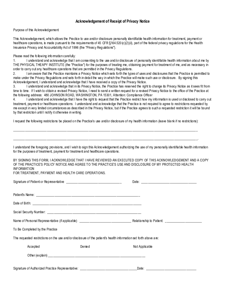 Fillable Online Acknowledgement of Receipt of Privacy Notice Purpose of ...
