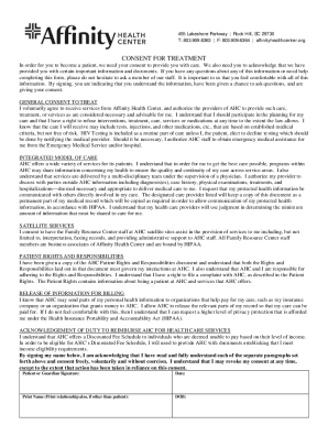 Fillable Online CONSENT FOR TREATMENT - Affinity Health Center Fax ...