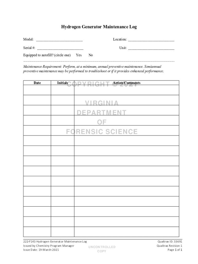 Fillable Online 222-F143 Hydrogen Generator Maintenance Log Fax Email ...