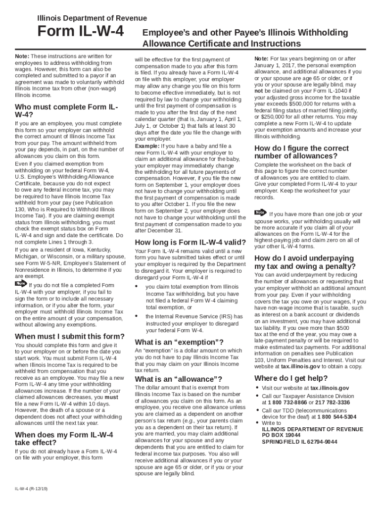 Il-W-4 - Employee'S And Other Payee'S Illinois ... Doc Template | pdfFiller