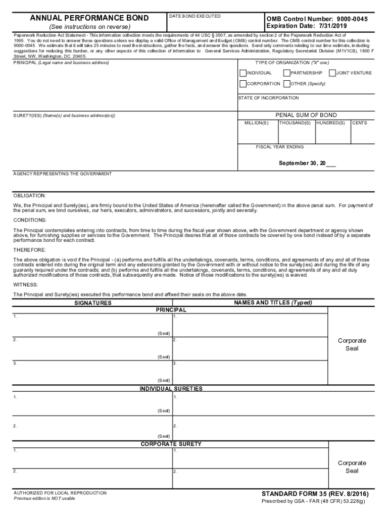 Fillable Online Form SF 35 SF 35 Annual Performance Bond ... - OMB ...
