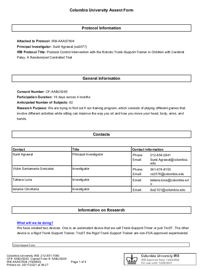 Fillable Online Columbia University Assent Form Protocol Information ...