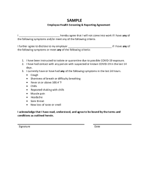 Fillable Online SAMPLE Employee Health Screening & Reporting Agreement ...