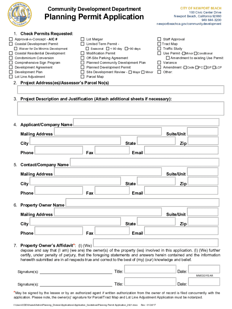 Fillable Online Planning Permit Application - Newport Beach Fax Email ...