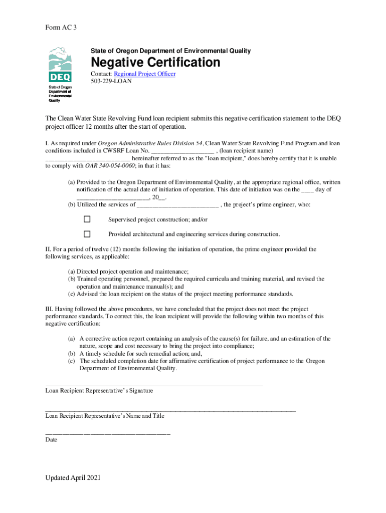 Fillable Online Negative Certification - Oregon.gov : State of Oregon ...