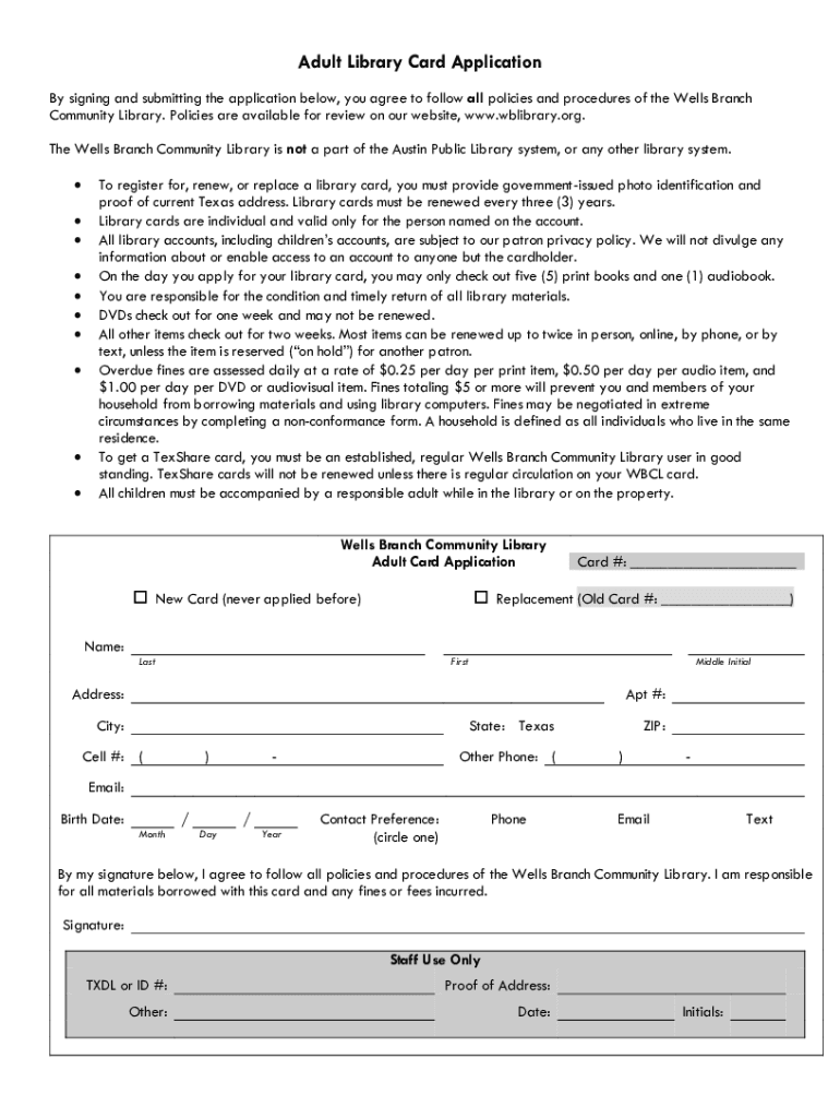 Fillable Online Adult Library Card Application - Wells Branch Library ...