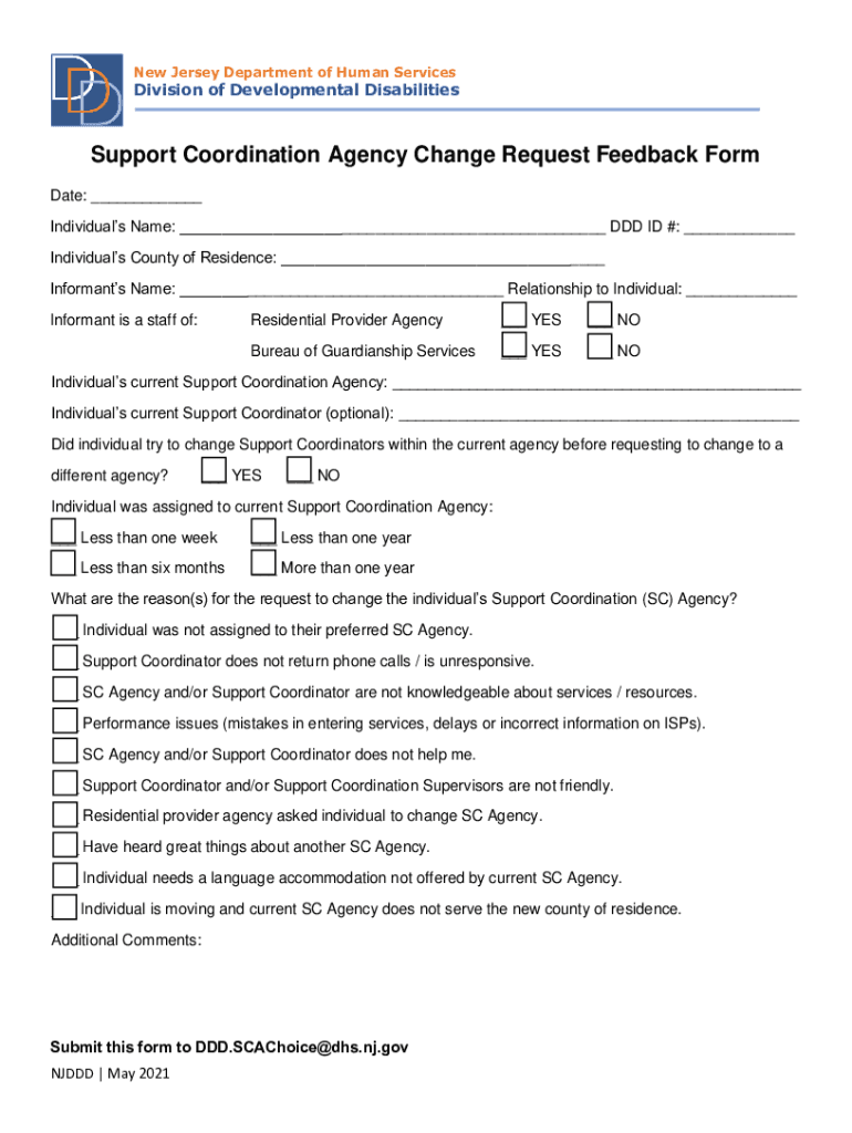Fillable Online Support Coordination Agency Change Request Feedback ...