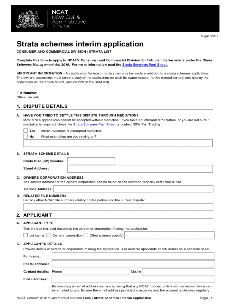 Fillable Online Strata schemes interim application. Use this form to apply to NCAT for urgent ...