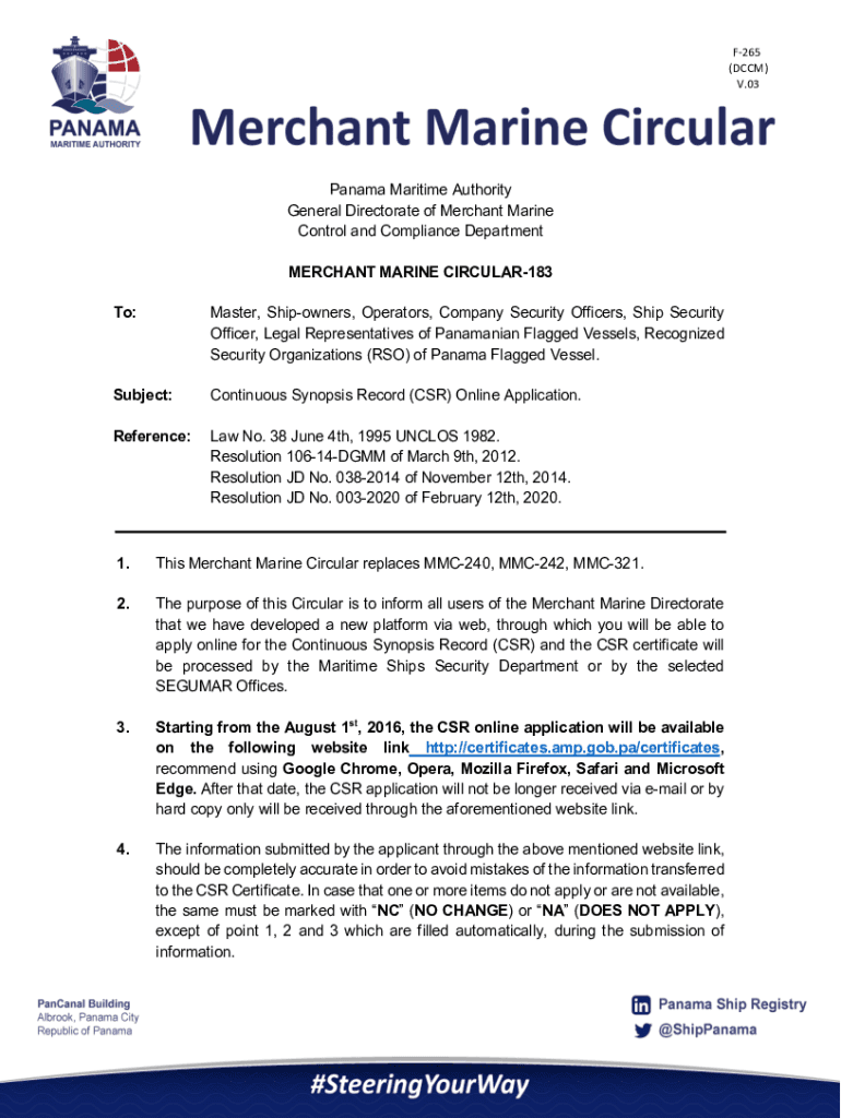 Fillable Online PANAMA MARITIME AUTHORITY F-265 (AUTORIDAD MARTIMA DE ...