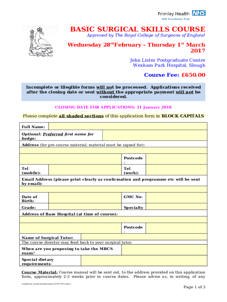 BASIC SURGICAL SKILLS COURSE Doc TemplatePDFfiller Doc Template | pdfFiller