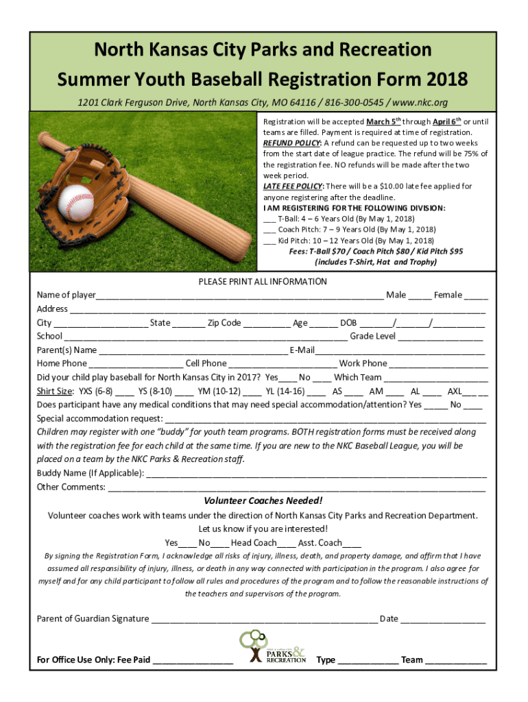 Fillable Online Summer Youth Baseball and Softball Registration in North ... Fax Email Print ...