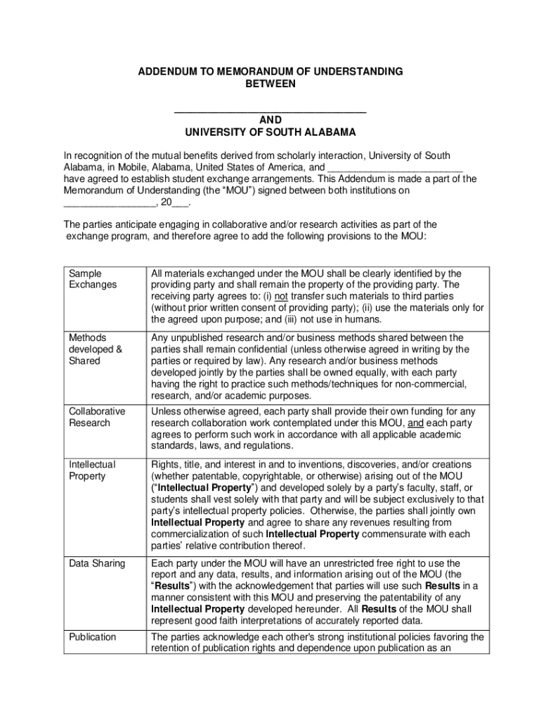 Fillable Online ADDENDUM TO MEMORANDUM OF UNDERSTANDING BETWEEN AND ...