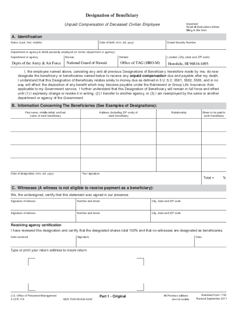 Fillable Online Designation of Beneficiary - USDA ARS Fax Email Print - pdfFiller