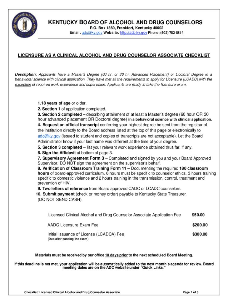 Fillable Online adc ky CADC Associate I Application Packet - KENTUCKY ...
