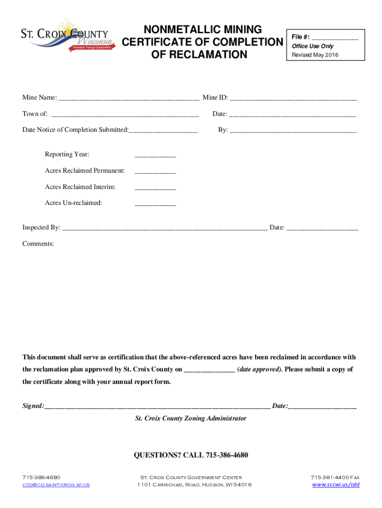 Fillable Online NMM Certificate of Completion of Reclamation (PDF) Fax ...