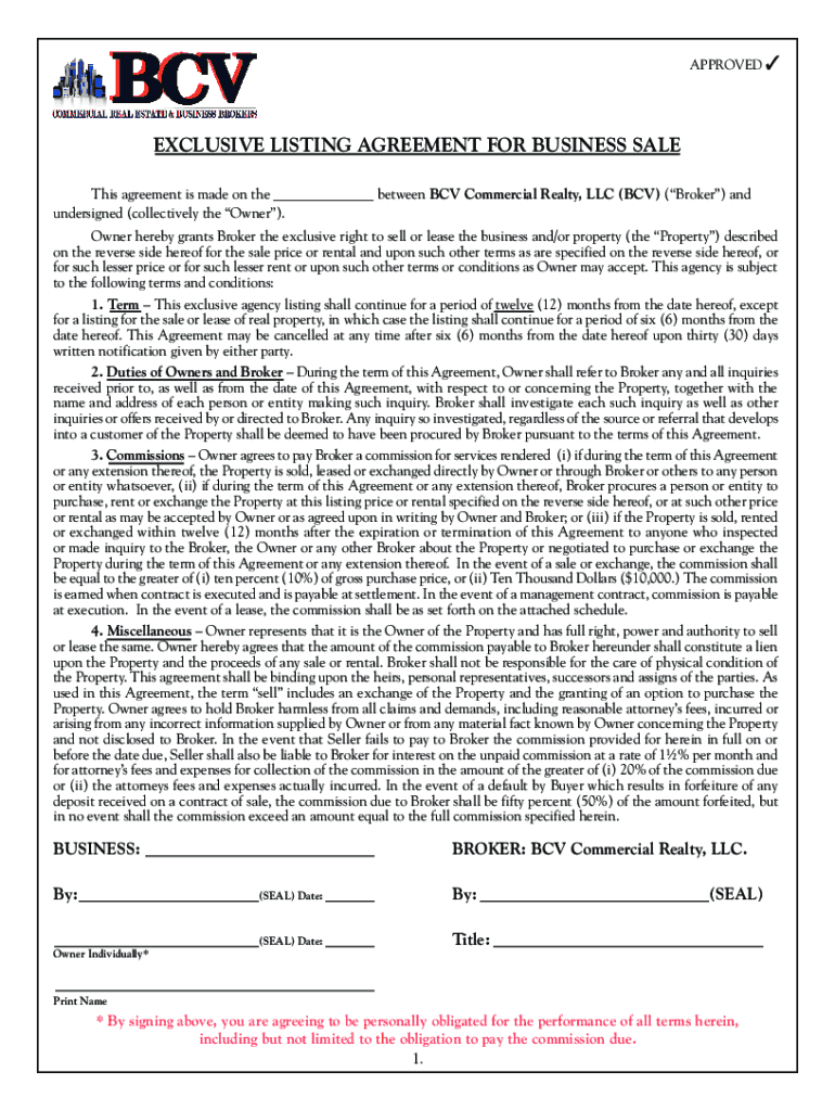 Fillable Online Sample Listing Agreement - Value Business Brokerage Inc ...