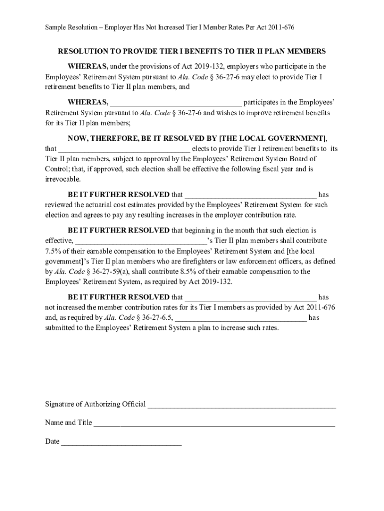 Fillable Online RESOLUTION TO PROVIDE TIER I BENEFITS TO TIER II PLAN ...