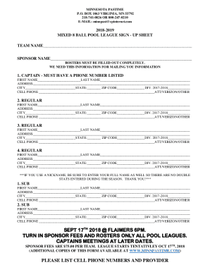 Fillable Online SUMMER MIXED 8 BALL POOL LEAGUE SIGN - UP SHEET - Fill ...
